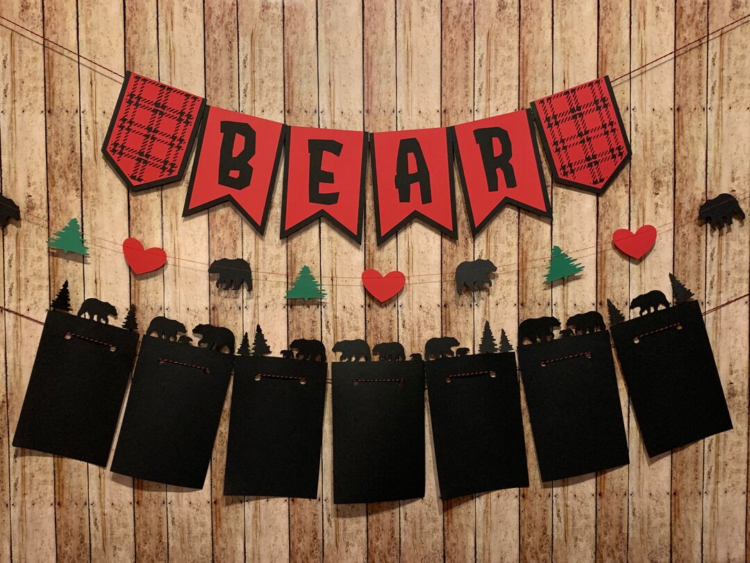 Bear Banner Buffalo Plaid Party Banner Set Bear Birthday Picture ...