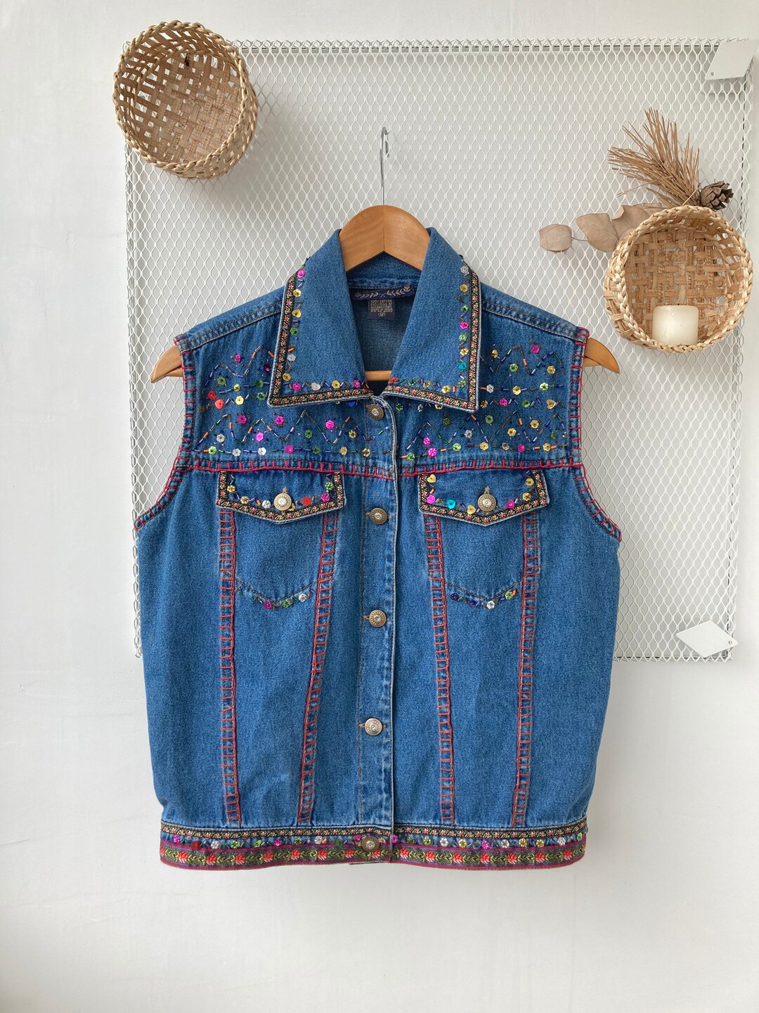 Denim Vest, Vintage Vest, Sequins Vest, Boho Vest, Unisex Vest, Jean ...