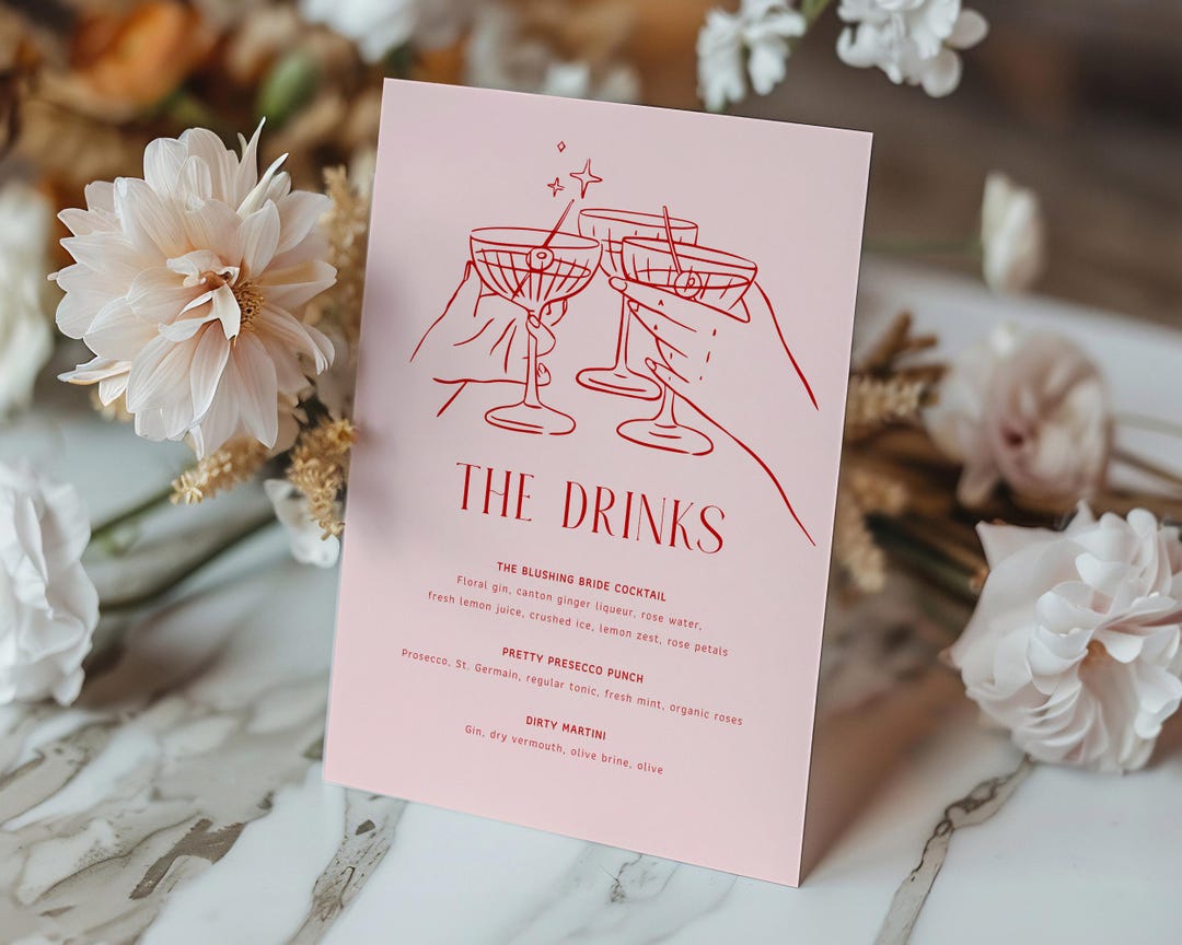 Hens Party Drinks Menu, Bridal Shower Bar Sign Template, Pink ...