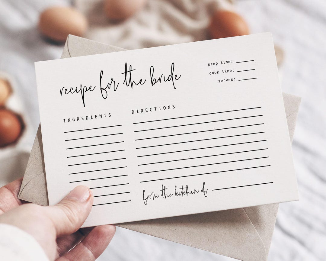 Recipe for the Bride, Printable Recipe Card Template, Modern Minimalist ...