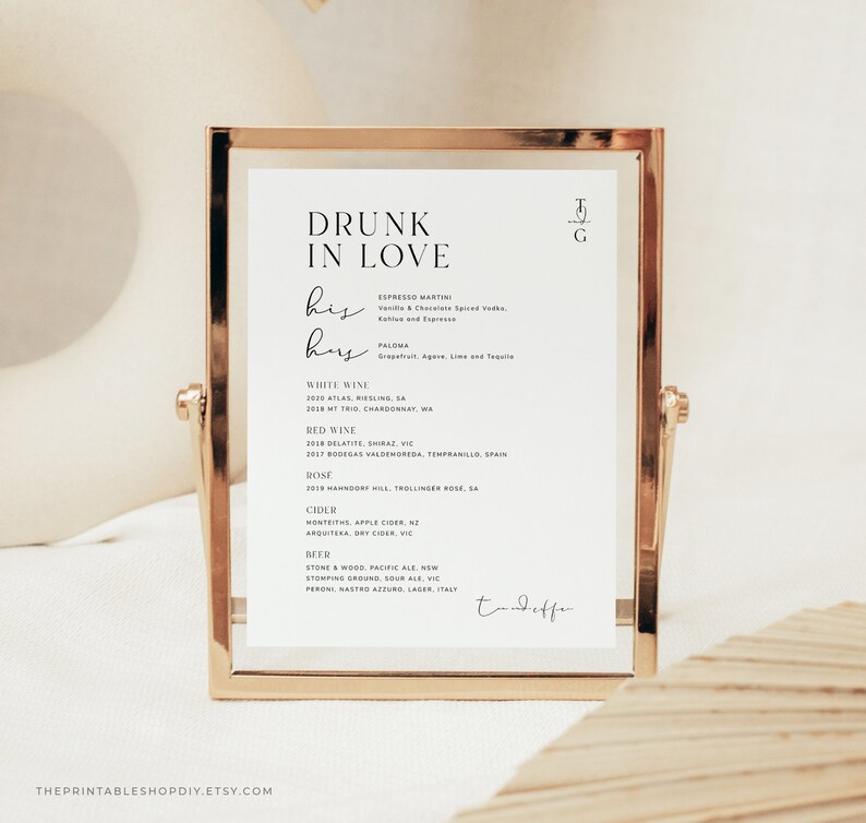 Wedding Drinks Menu Sign Template Drunk in Love Bar Sign | Etsy