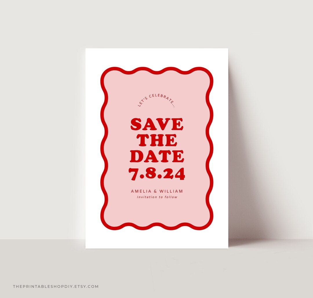 Wave Save the Date Printable Pink and Red Save the Date - Etsy