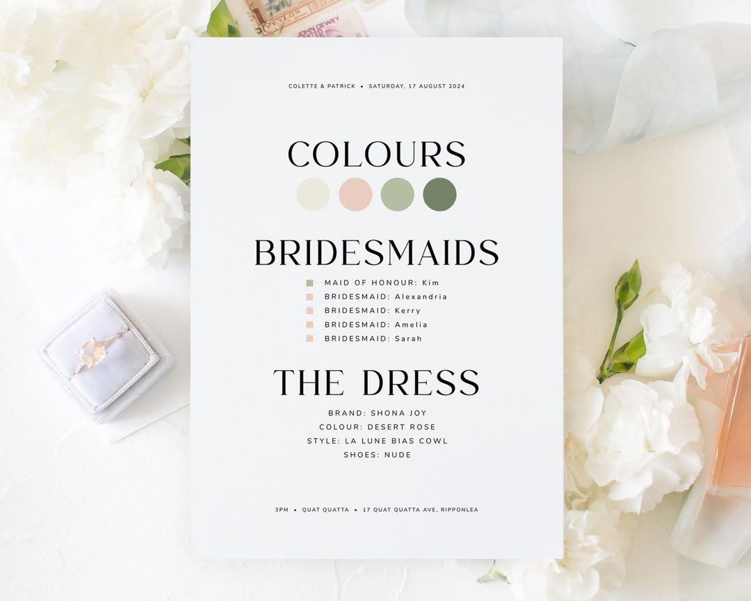 Bridesmaid Info Card Template, Printable Bridesmaid Dress Card, Bridal ...