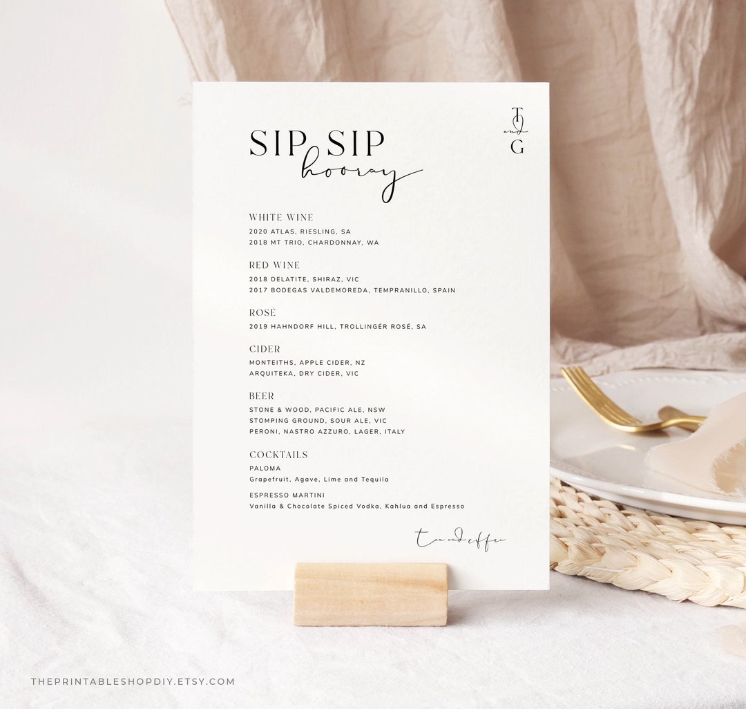 Printable Wedding Bar Menu Sip Sip Hooray Sign Modern - Etsy