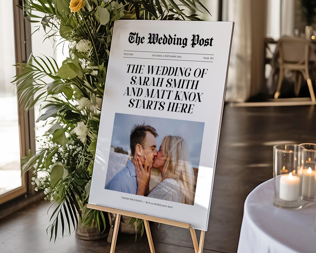 Newspaper Wedding Sign With Photo, Printable Welcome Sign Wedding ...