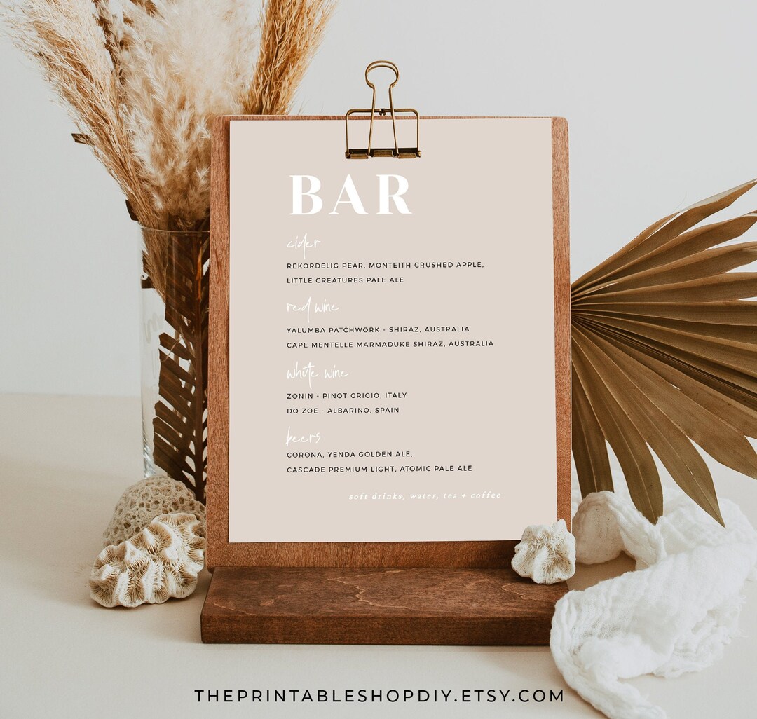 Modern Bar Menu, Printable Menu Sign, Beige Neutral Wedding Decor ...