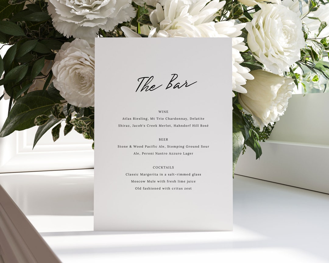 Elegant Wedding Bar Menu, Printable Bar Sign Template, Drinks Menu Sign ...