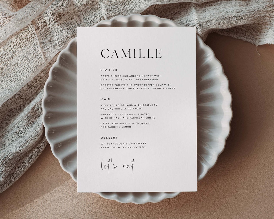 Modern Wedding Menu With Name Template, Printable Wedding Menu Cards ...