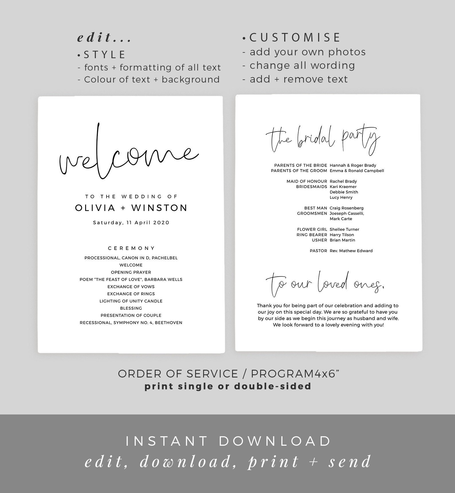 Minimalist Wedding Program Template Printable Order of | Etsy