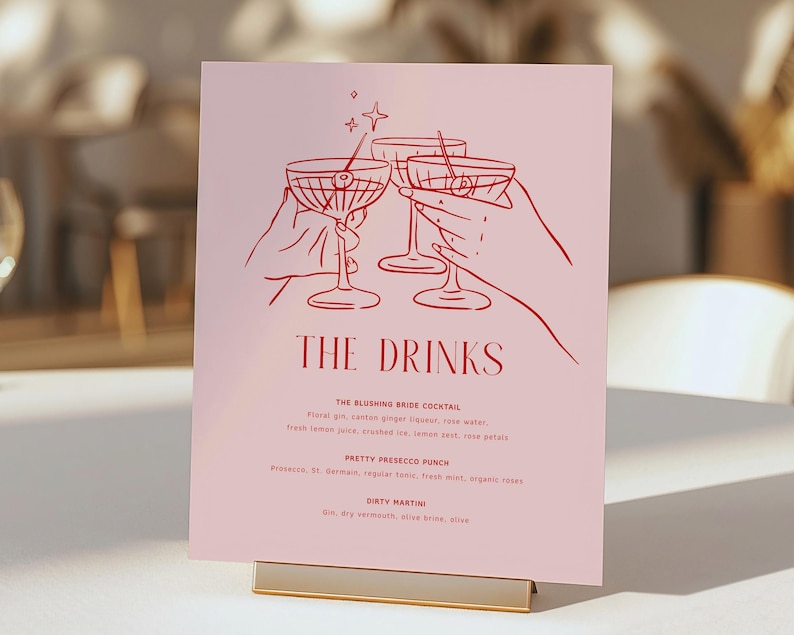 Hens Party Drinks Menu, Bridal Shower Bar Sign Template, Pink ...