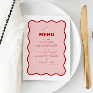 Modèle de menu imprimable vague, menu de mariage rose avec nom ...