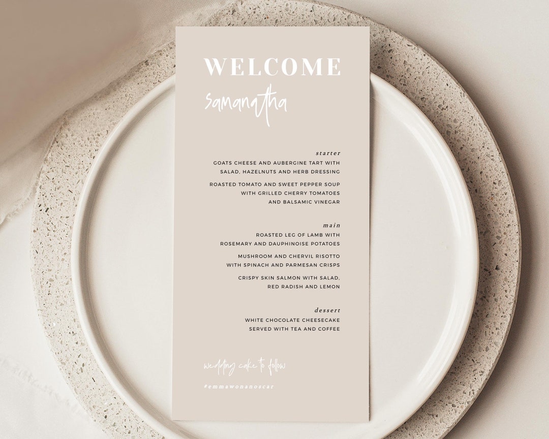 Beige Wedding Menu With Name Card, Modern Menu Template, Wedding ...