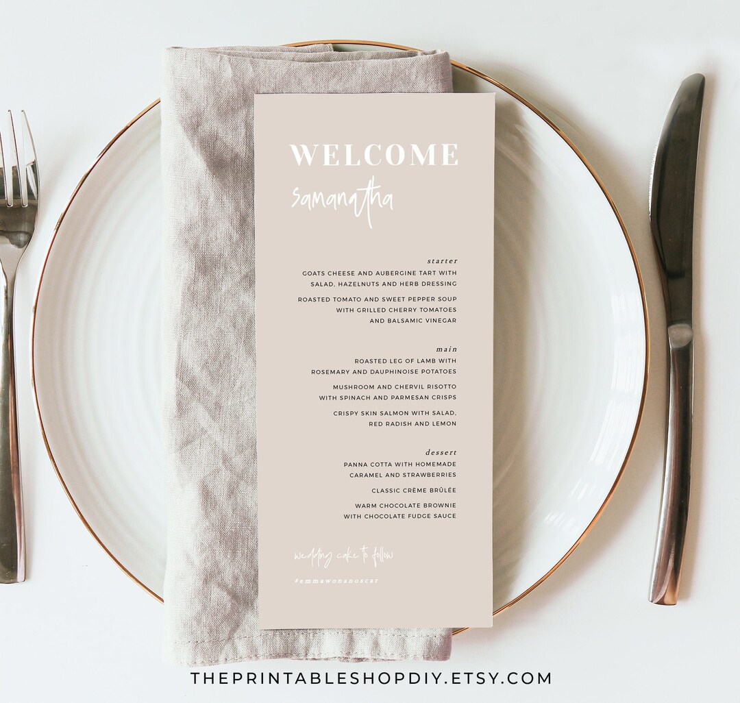 Beige Wedding Menu With Name Card Modern Menu Template - Etsy