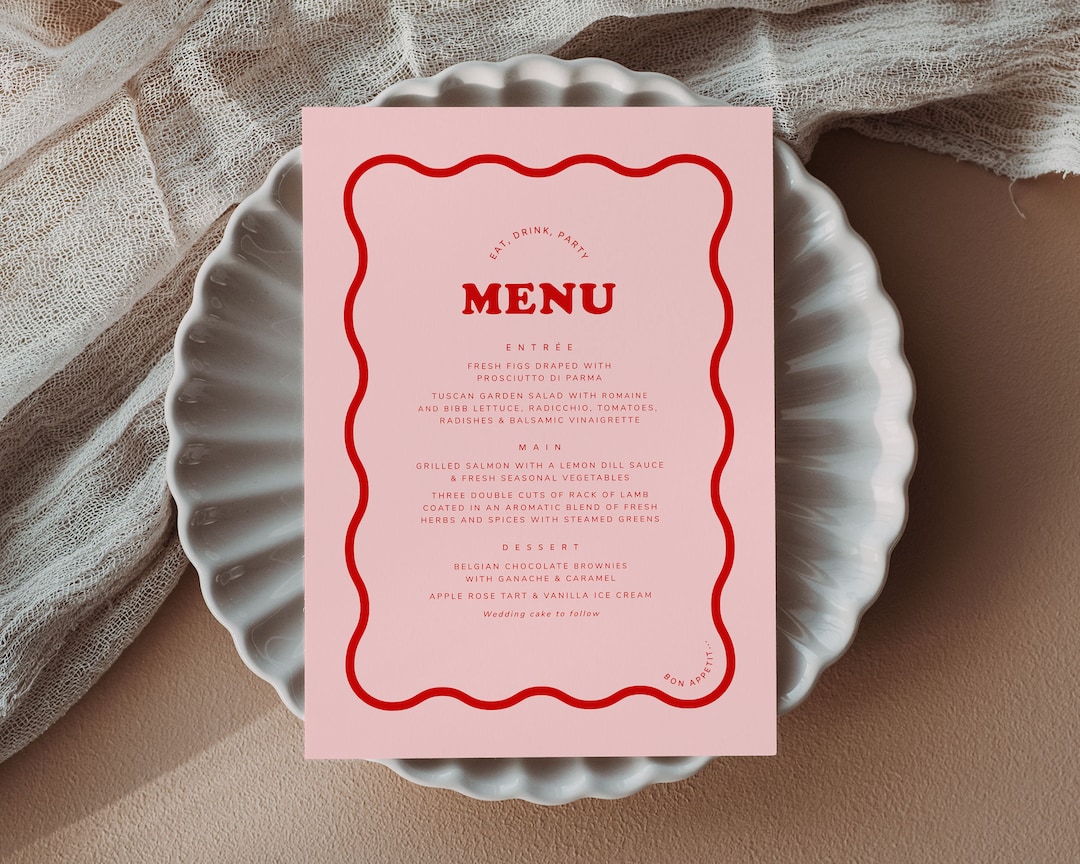 Modèle de menu imprimable vague, menu de mariage rose avec nom ...