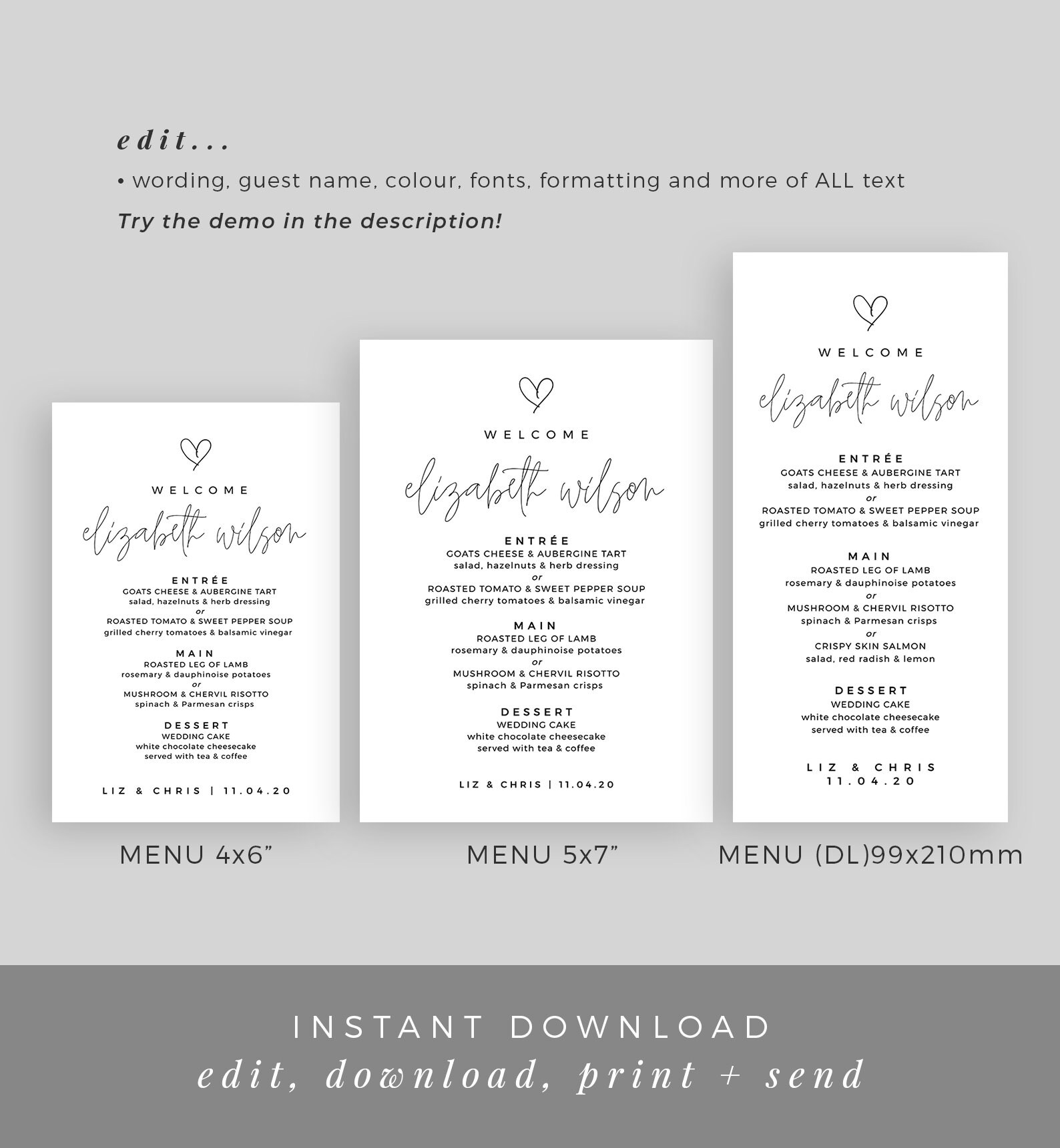 Wedding Menu With Place Name Printable Menu Name Boho Menu - Etsy