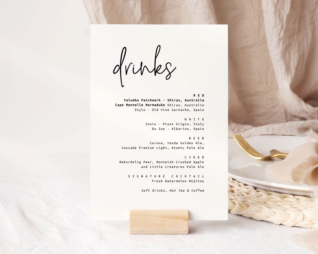 Printable Drinks Sign, Wedding Drinks Menu, Wedding Signage, Bridal ...