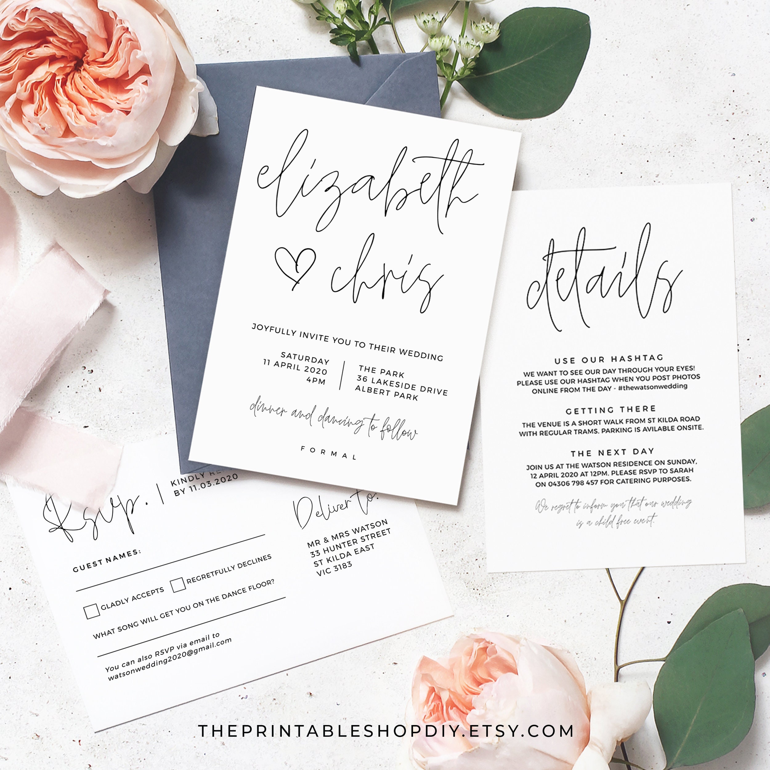 Printable Wedding Invitation Bundle Template Download Modern - Etsy
