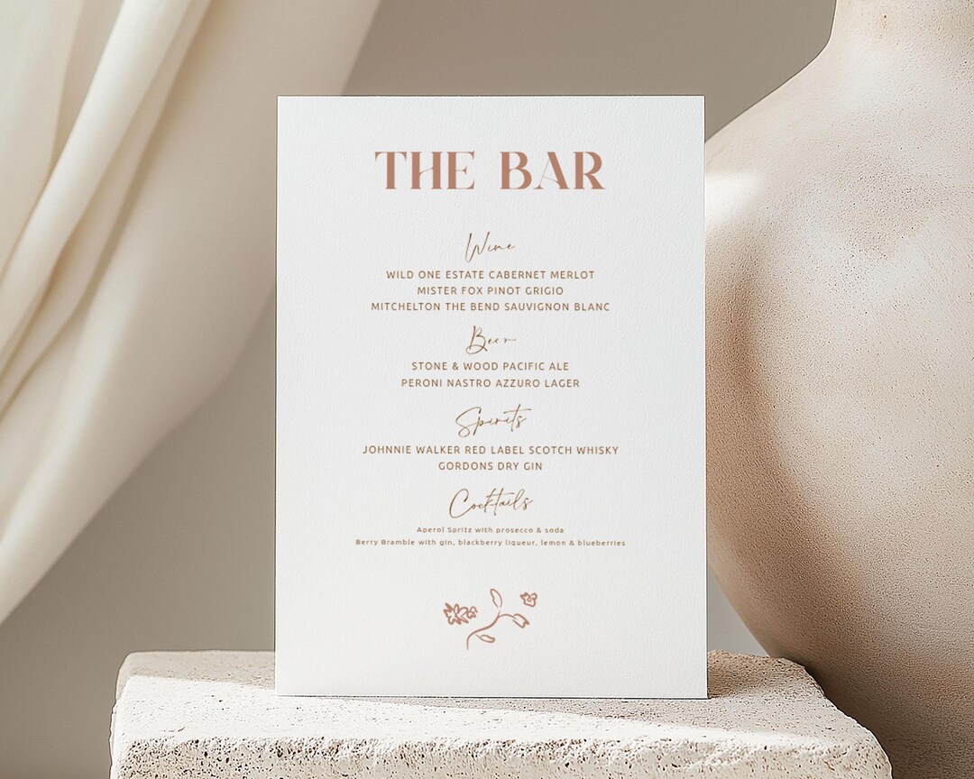 Elegant Wedding Bar Menu Template: Printable Reception Drink Sign ...