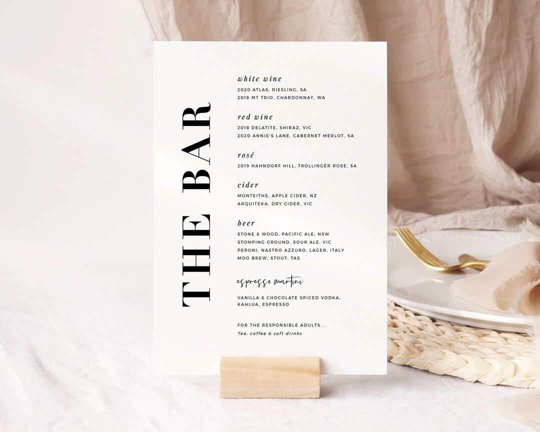 Modern Wedding Bar Menu Template, Minimalist Wedding Decor, Drinks Menu ...