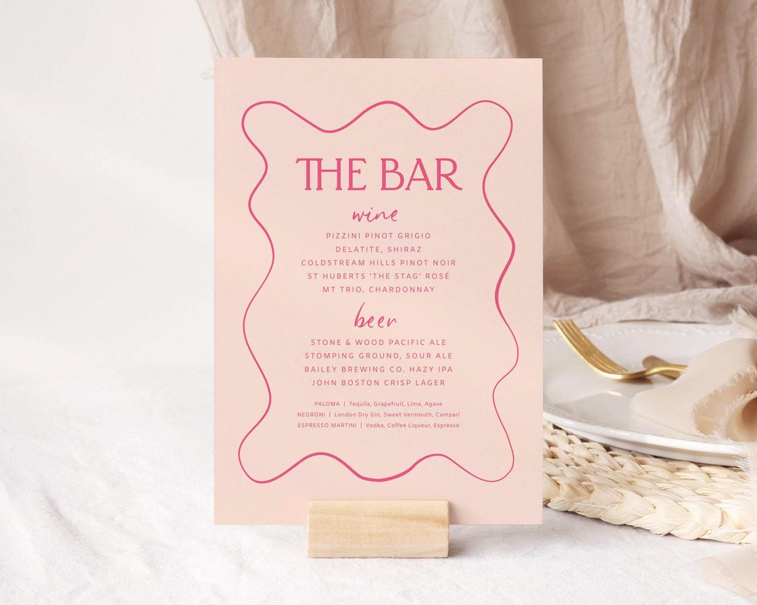 Wavy Bar Menu Template Editable, Wave Wedding Sign, Bridal Shower Bar ...