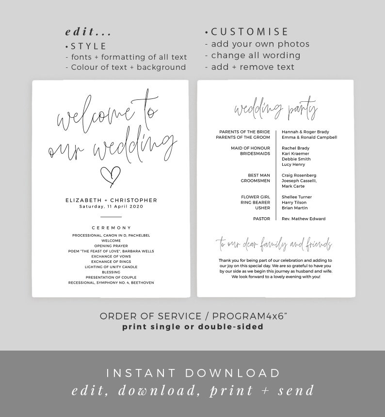 Order of Service Wedding Template Printable Order of the Day - Etsy UK
