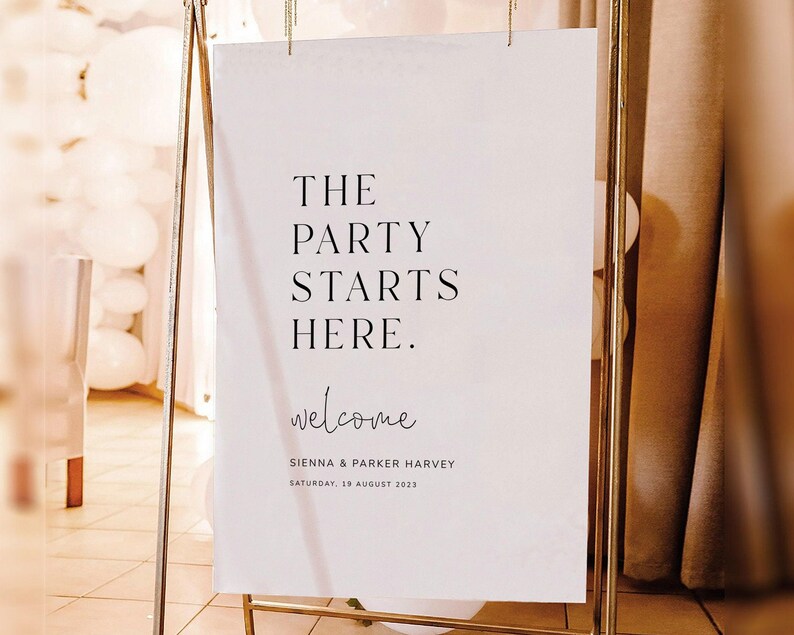 The Party Starts Here Sign, Modern Wedding Welcome Sign Template ...