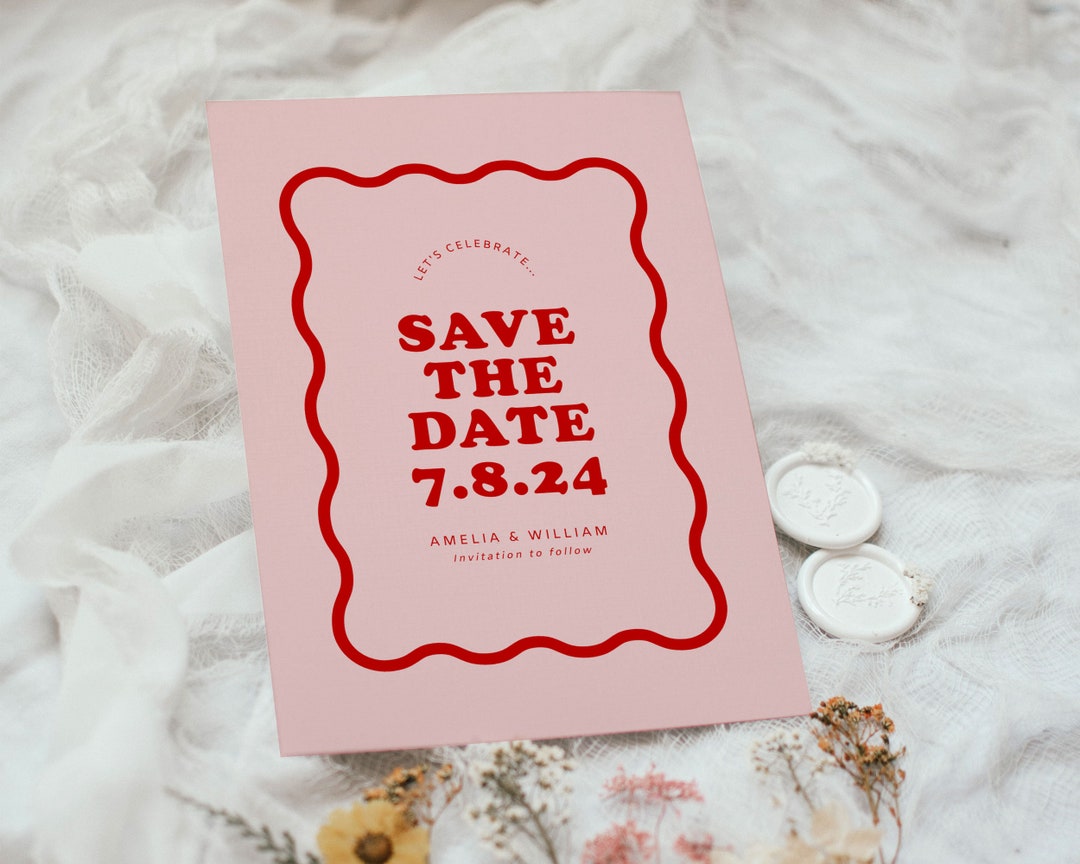 Wave Save the Date Printable, Pink and Red Save the Date Digital ...