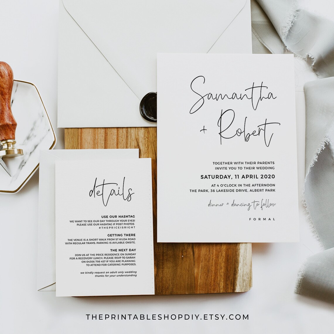 Modern Minimal Wedding Invitation Template Black and White | Etsy