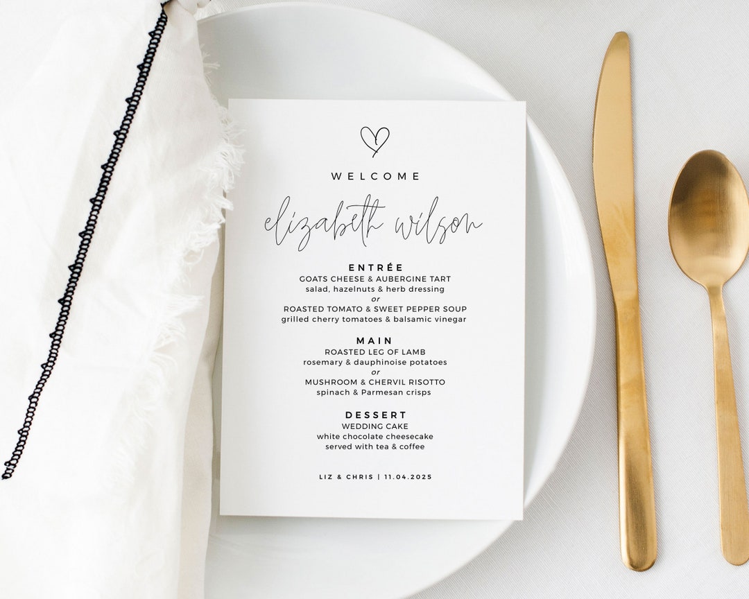 Wedding Menu With Place Name Printable Menu Name Boho Menu - Etsy