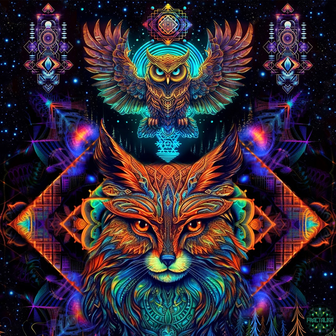 Psychedelic UV Tapestry Visionary Blacklight Backdrop, Totem Fox Wall ...