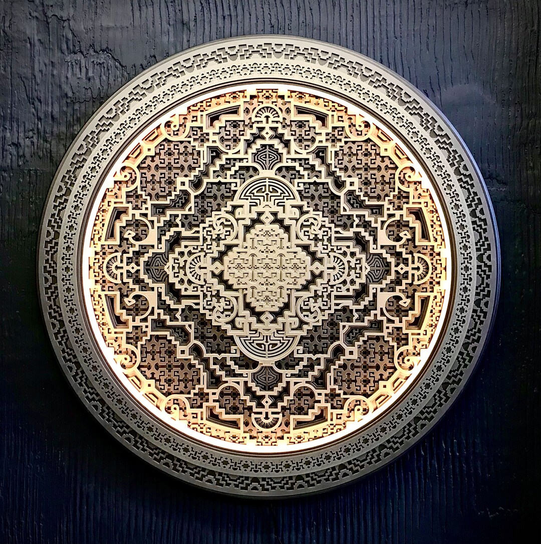 Sacred Geometry Wood Wall LED Lamp, Shipibo Pattern, Wooden Mandala ...
