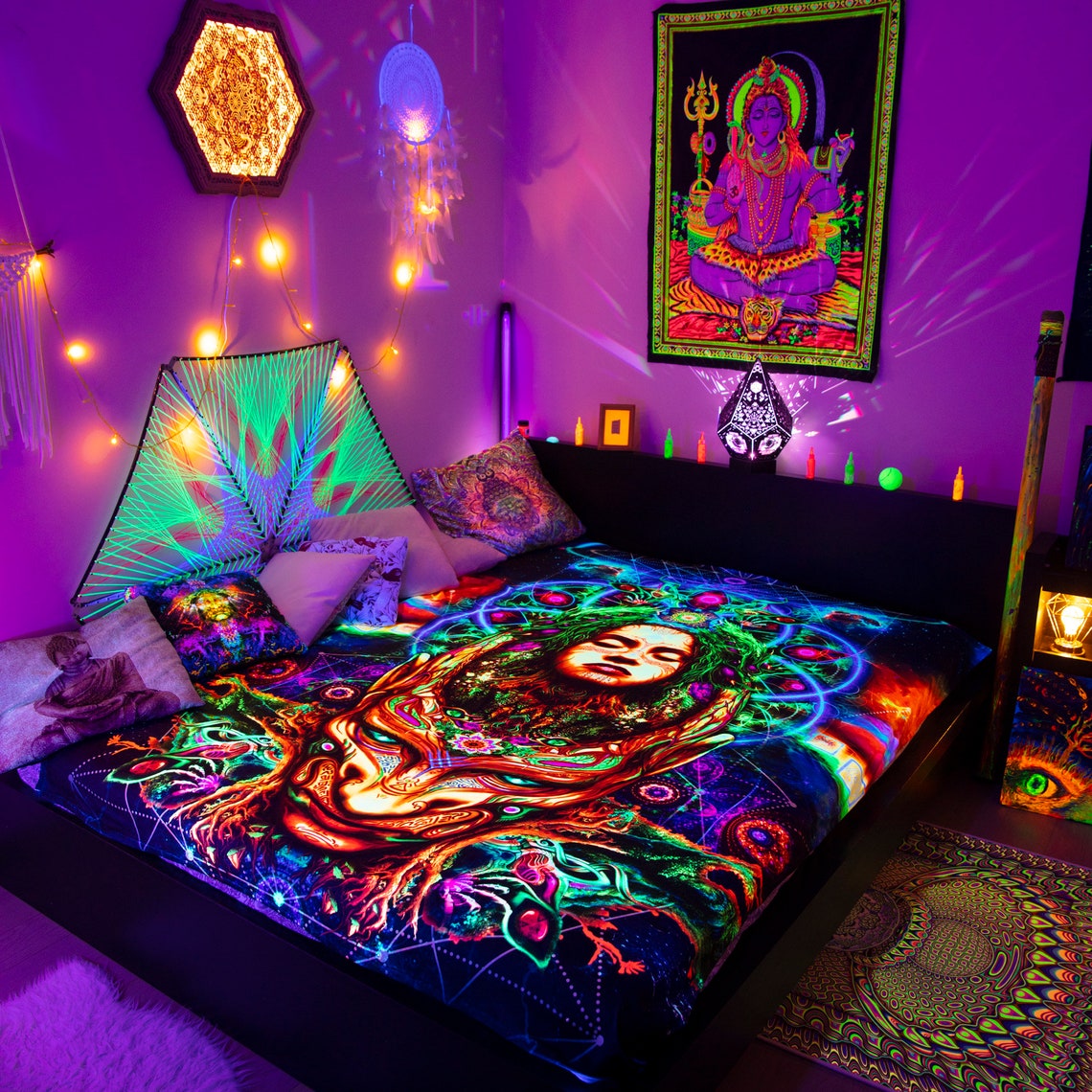 Blacklight Bedsheet, Bedspread Ethnic, Custom Blanket, Fleece Blanket ...