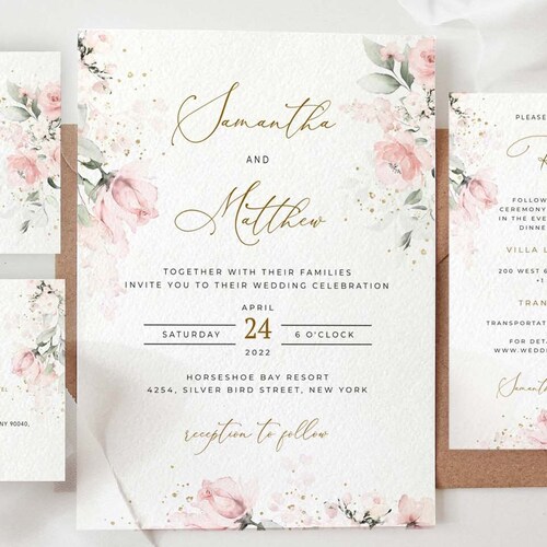 Blush Pink Wedding Invitation Template Boho Floral Wedding - Etsy