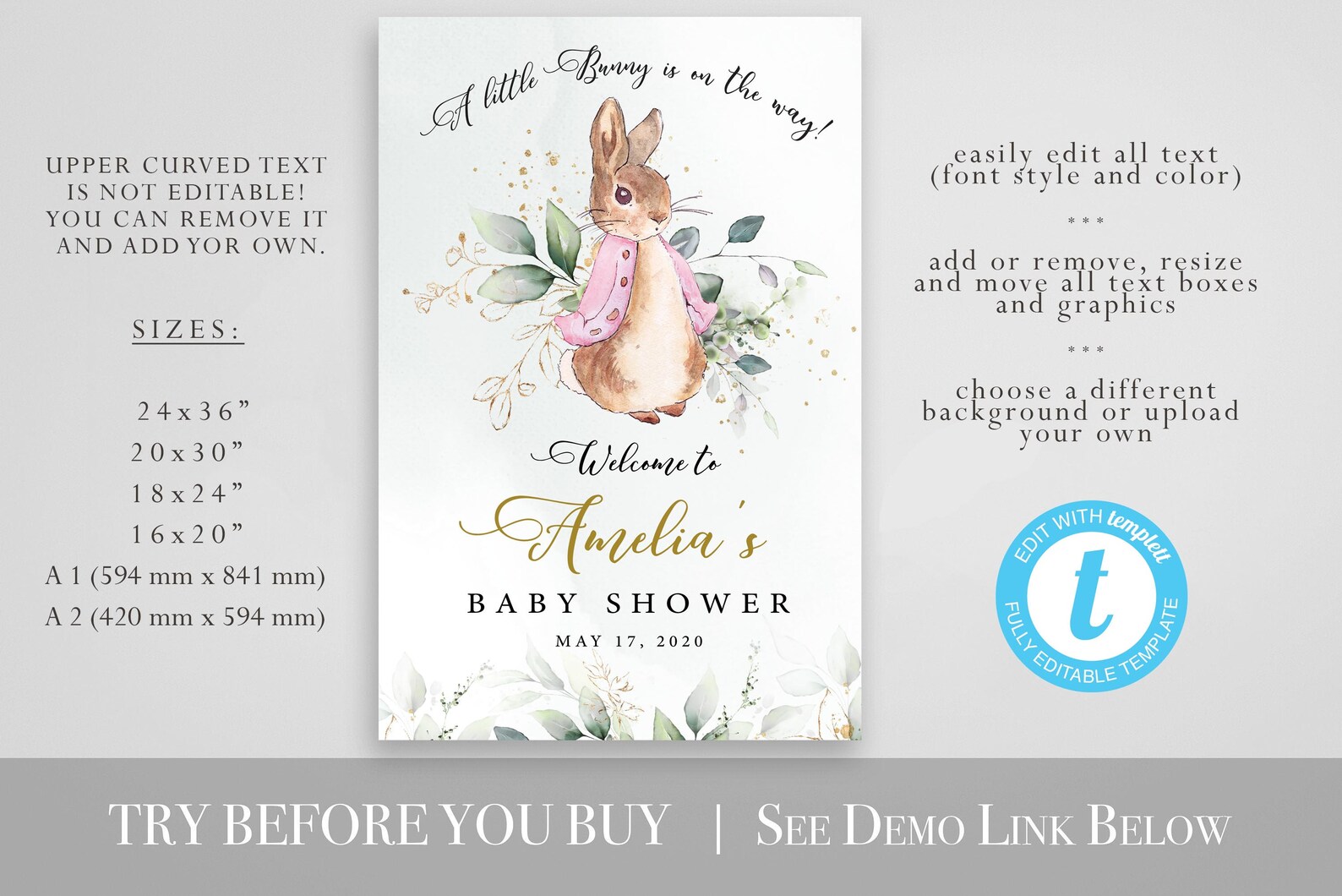Peter Rabbit Baby Shower Welcome Sign Editable Baby Shower - Etsy