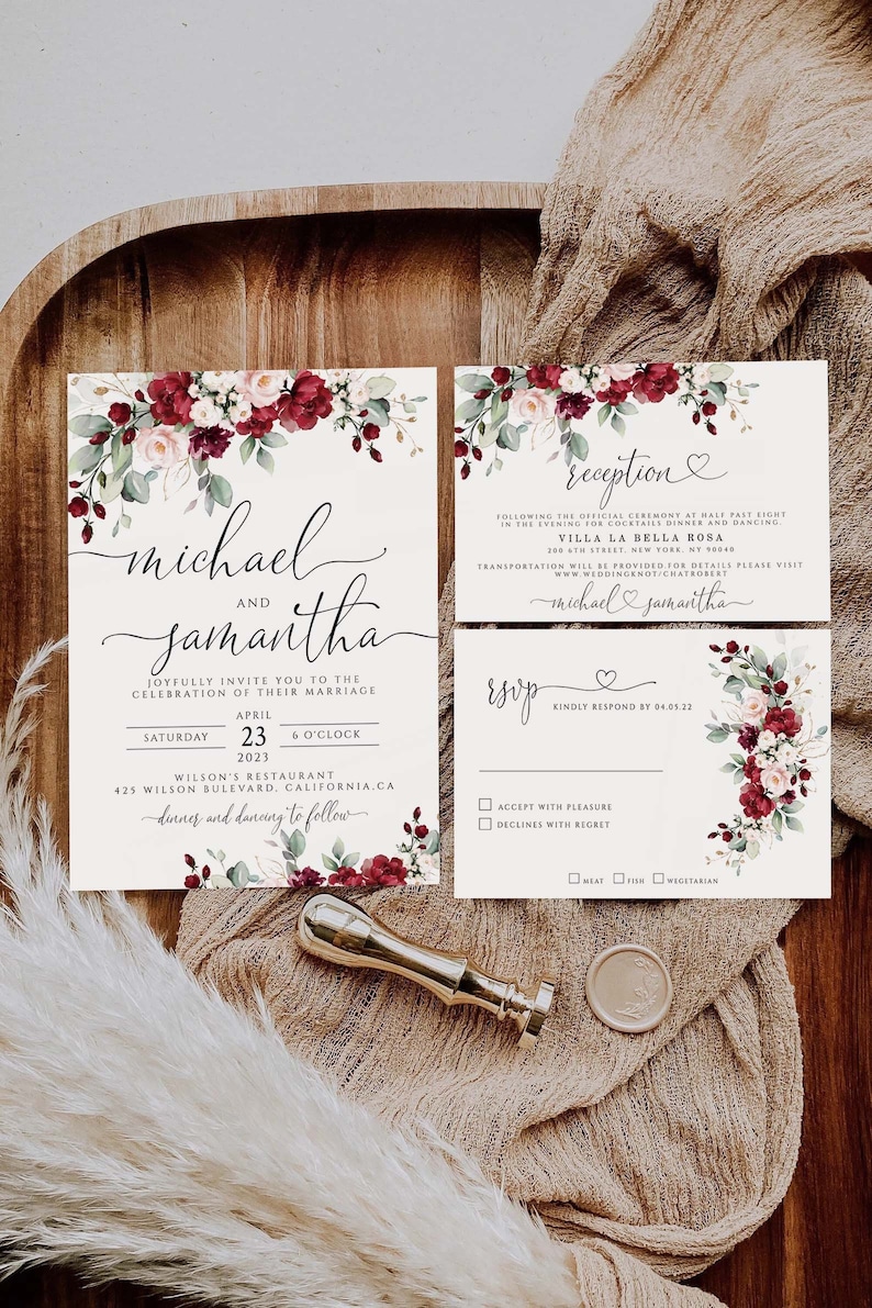 Burgundy Wedding Invitation Set Editable Burgundy Rose - Etsy