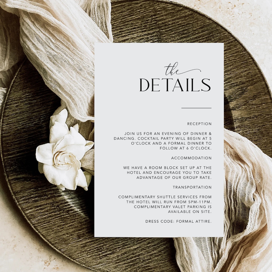 Minimalist Wedding Details Card Template, Boho Details Wedding Card ...