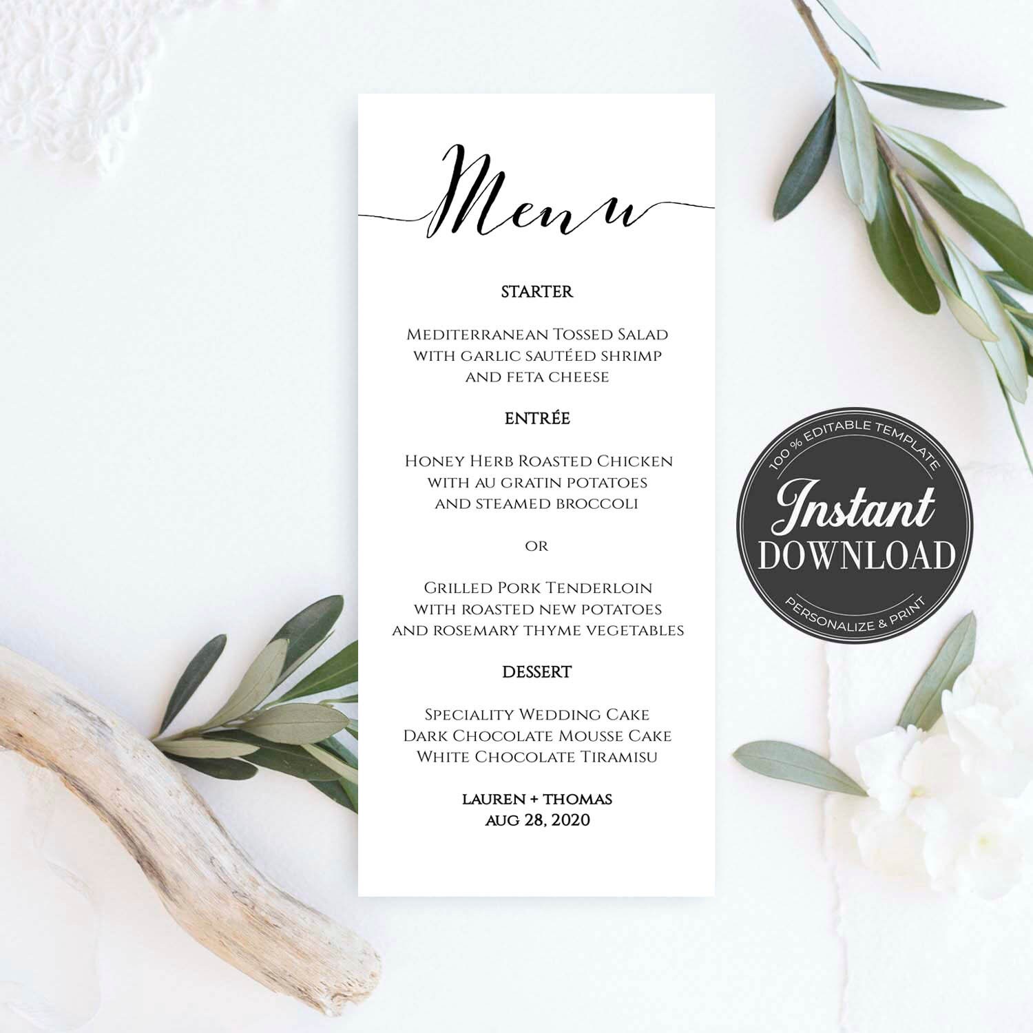 Modern Minimalist Wedding Menu Template Let's Eat - Etsy