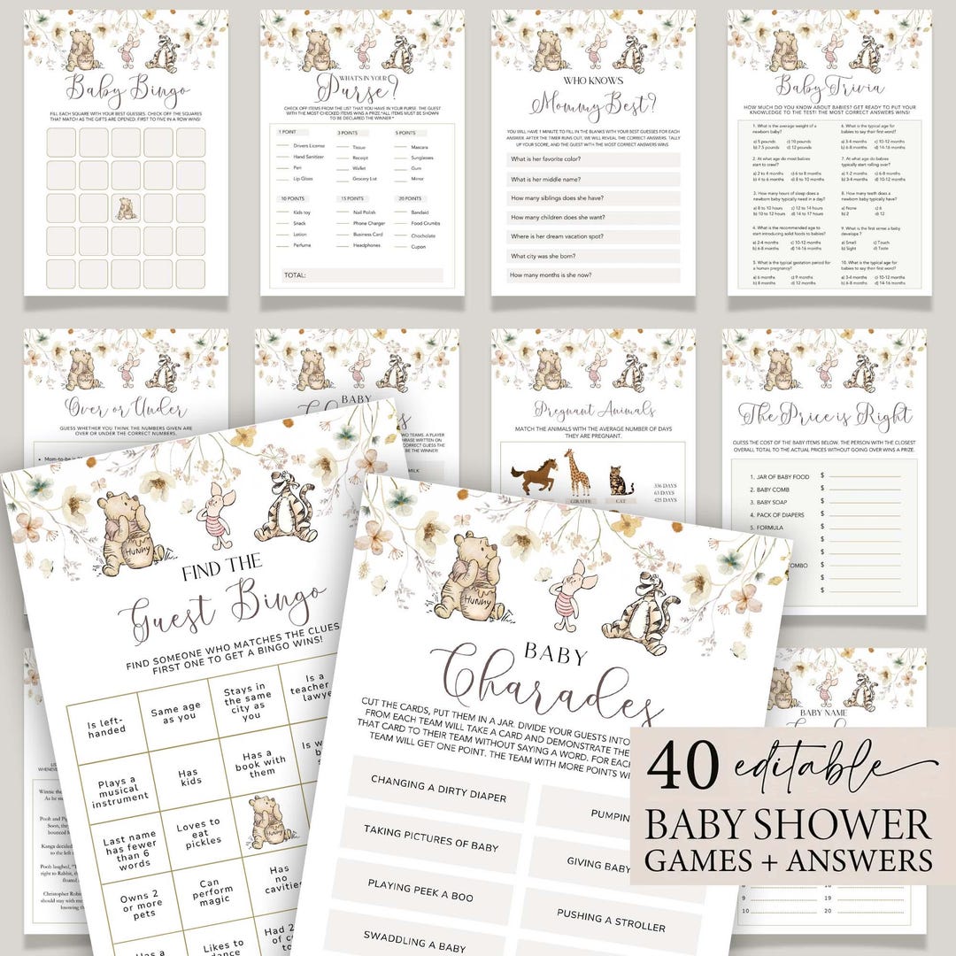 Winnie the Pooh Baby Shower Game Bundle: 40 Printable Games (canva ...