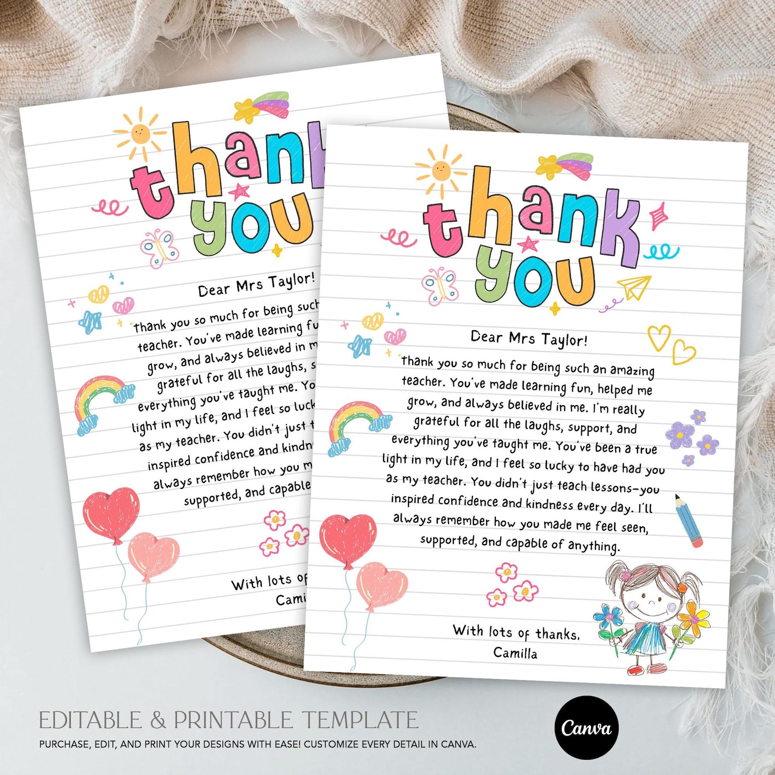 Editable Thank You Teacher Letter: Student Gift (A4, 8.5x11") - Etsy