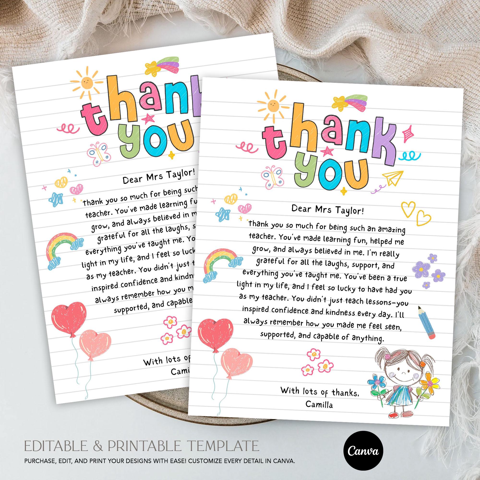 Editable Thank You Teacher Letter: Student Gift (A4, 8.5x11") - Etsy