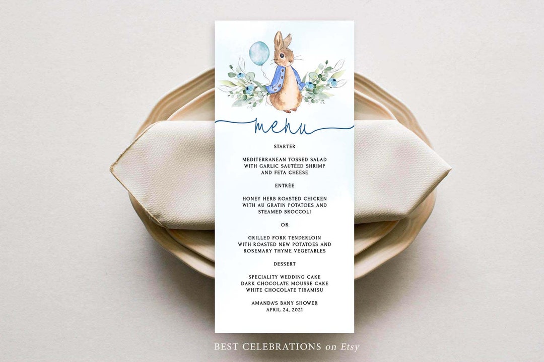 Peter Rabbit Menu Template, Menu Card Template, Baby Shower Menu ...