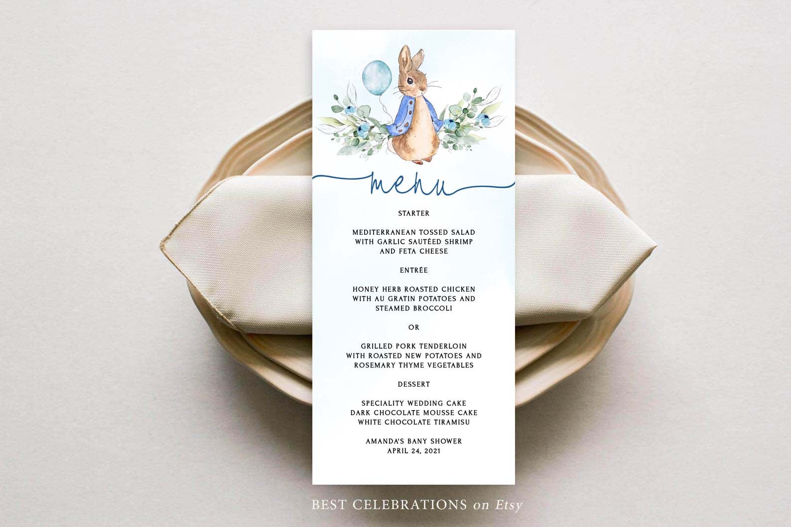 Peter Rabbit Menu Template Menu card template Baby Shower | Etsy