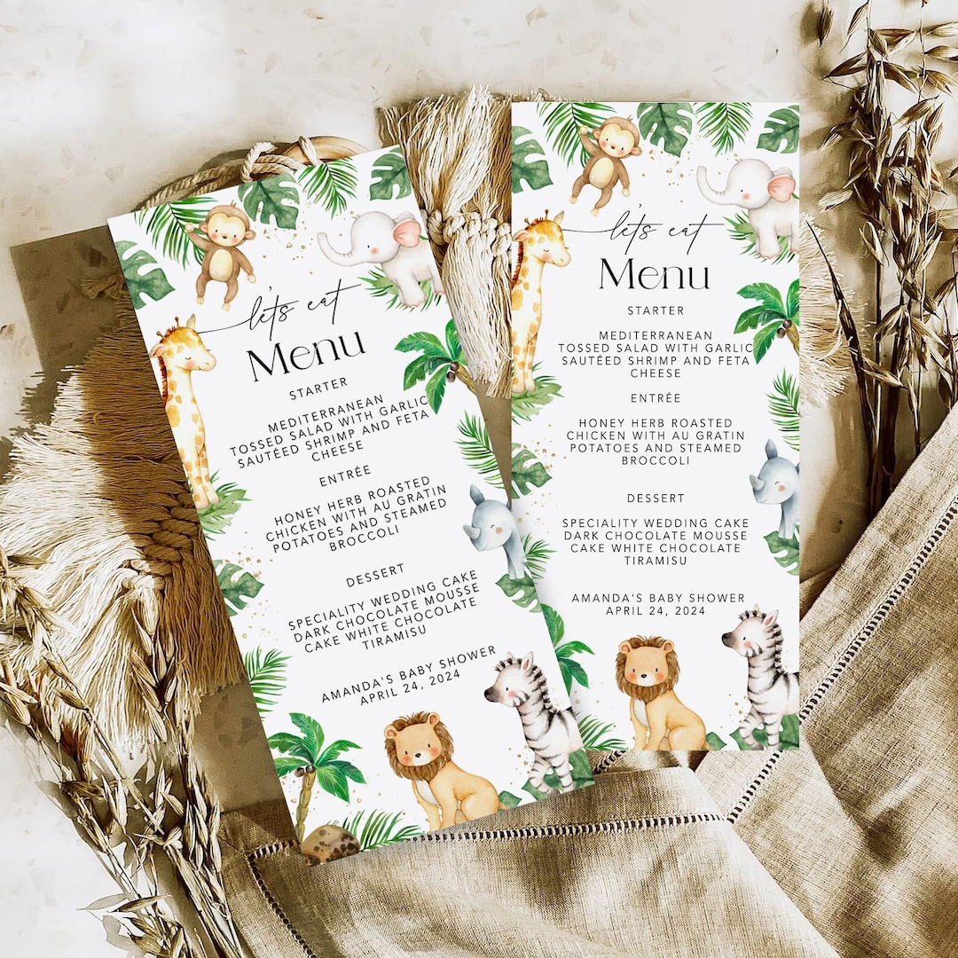 Editable Safari Animal Menu Card Template: Baby Shower, Birthday ...