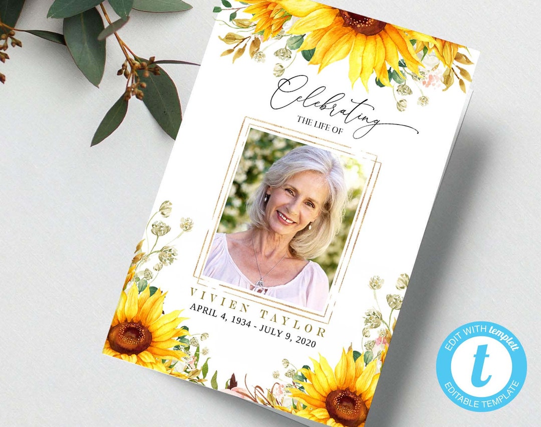 SUNFLOWER Funeral Program Template, Editable Memorial Program ...