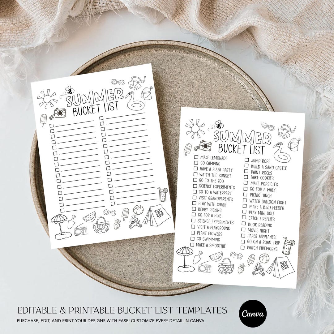 Summer Bucket List Printable: Editable Activity Checklist (digital ...