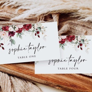 Burgundy Place Card Template, Optional Meal Icons, Editable Wedding ...