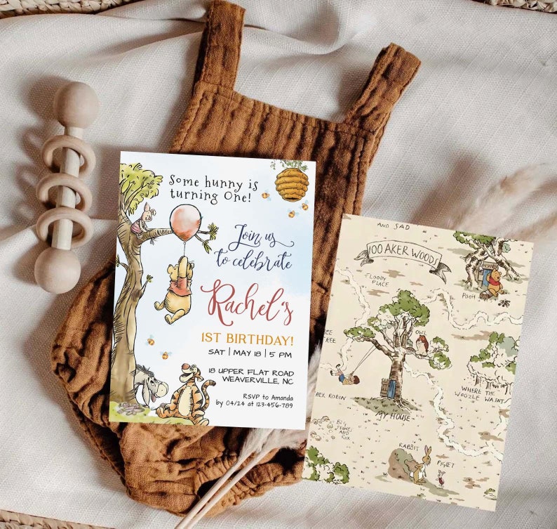 Classic Winnie the Pooh First Birthday Invitation, Editable Template ...
