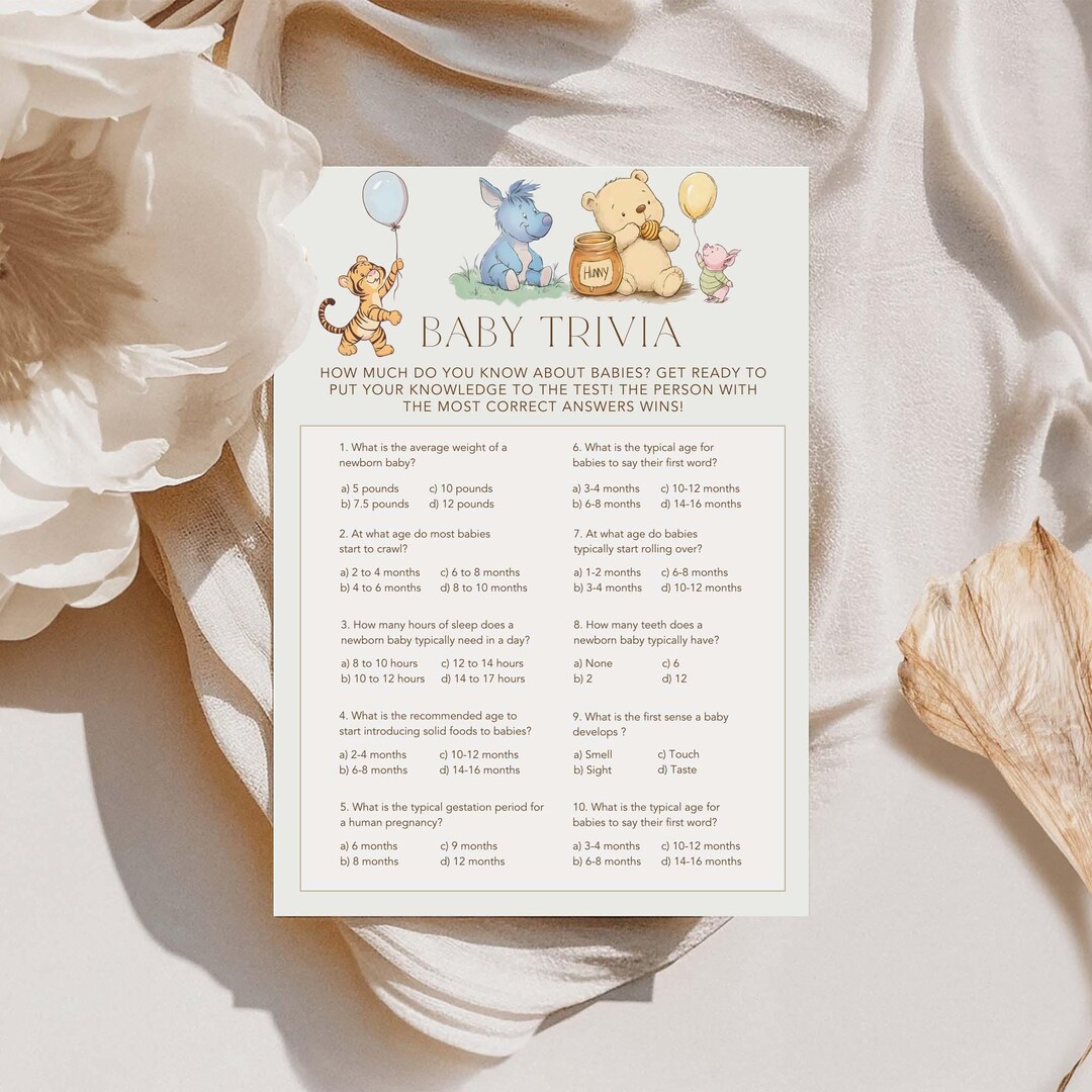 Winnie the Pooh Baby Trivia Baby Shower Game Editable Classic Pooh ...