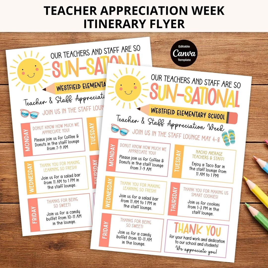 Teacher Appreciation Week Sun-sational Flyer, Editable Daily Schedule ...