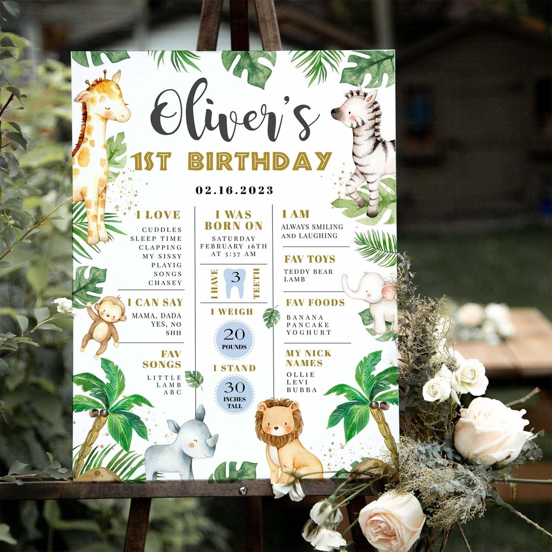 Safari First Birthday Milestone Sign: Jungle Animals Template (digital ...